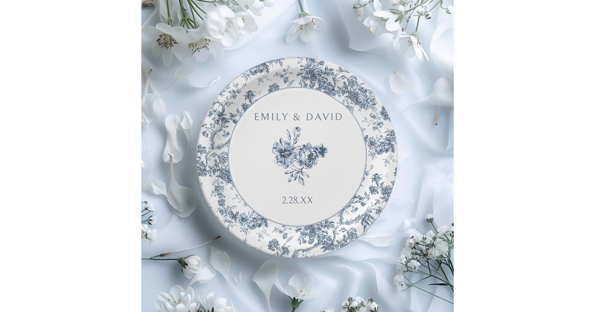 Elegant Engraved French Blue Floral Toile Paper Plates | Zazzle
