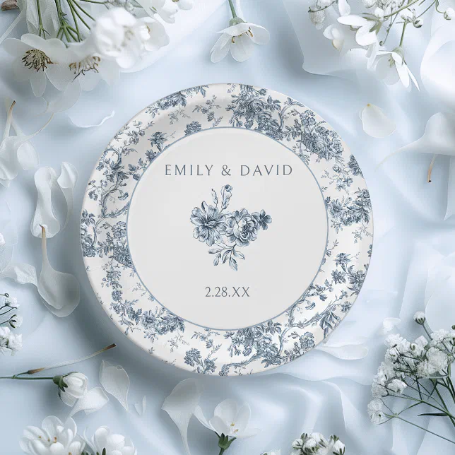 Elegant Engraved French Blue Floral Toile Paper Plates | Zazzle
