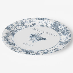 Elegant Engraved French Blue Floral Toile Paper Plates | Zazzle