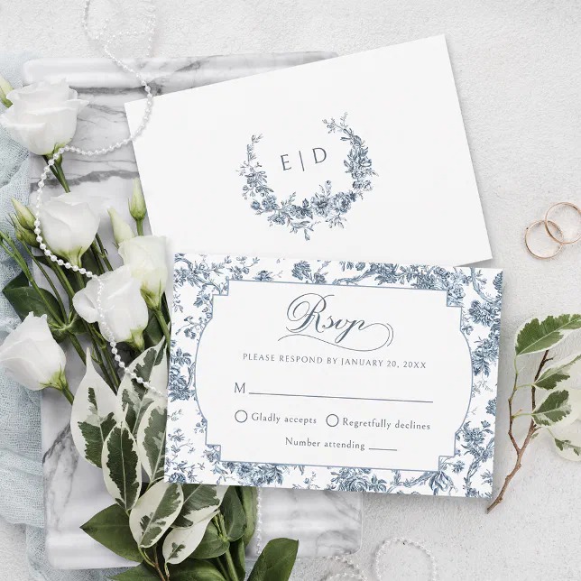 Elegant Engraved French Blue Floral Toile RSVP Card | Zazzle