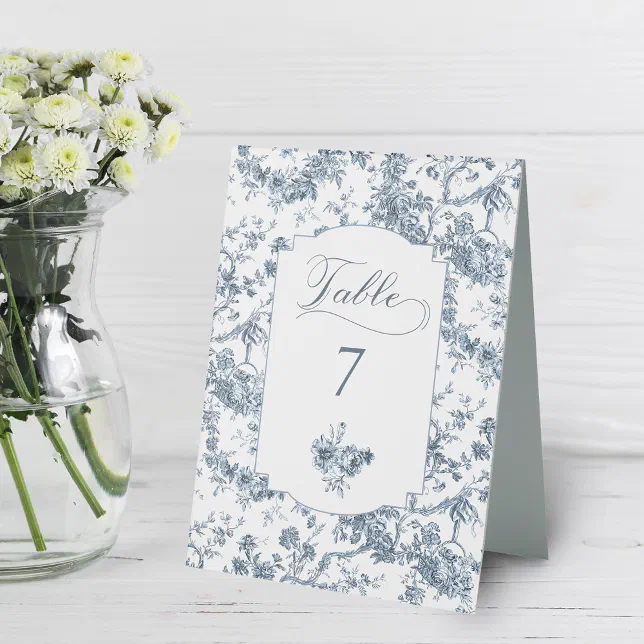 Elegant Engraved French Blue Floral Toile Table Tent | Zazzle
