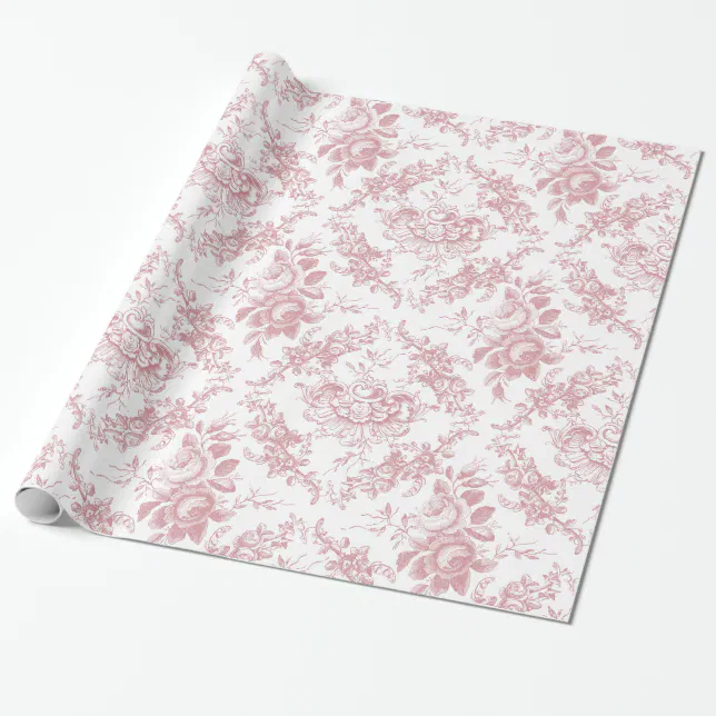 Elegant Engraved Pink and White Floral Toile Wrapping Paper | Zazzle