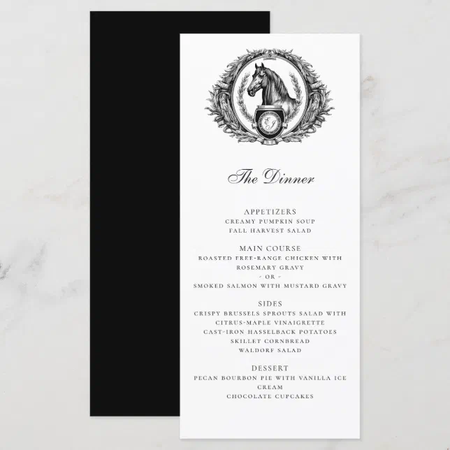 Elegant Equestrian Horse Monogram Crest Wedding Menu | Zazzle