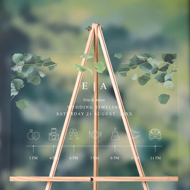 Elegant Eucalyptus Acrylic Wedding Timeline Sign | Zazzle