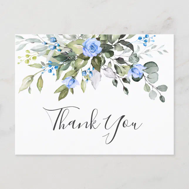 Elegant Eucalyptus Blue Roses Floral Thank You Postcard | Zazzle