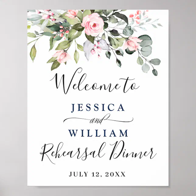 Elegant Eucalyptus Blush Roses Rehearsal Dinner Poster | Zazzle