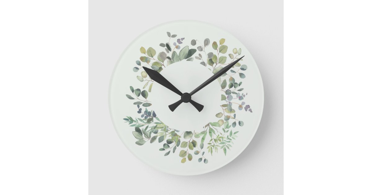 Elegant Eucalyptus Branch Botanical Dusty Green Round Clock | Zazzle