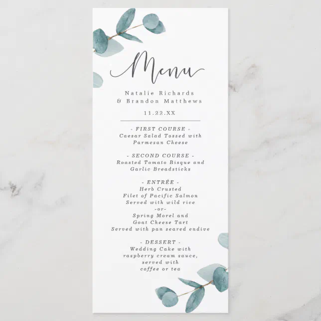 Elegant Eucalyptus & Calligraphy Script Dinner Menu | Zazzle