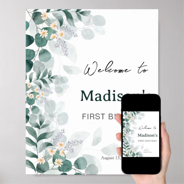 Elegant Eucalyptus Fisrt Birthday Welcome Poster | Zazzle