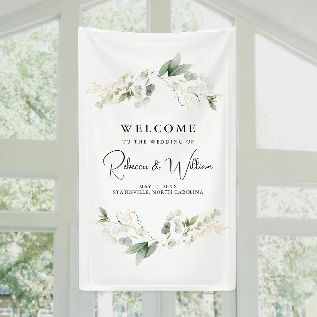 Elegant Eucalyptus Foliage Wedding Welcome Banner | Zazzle