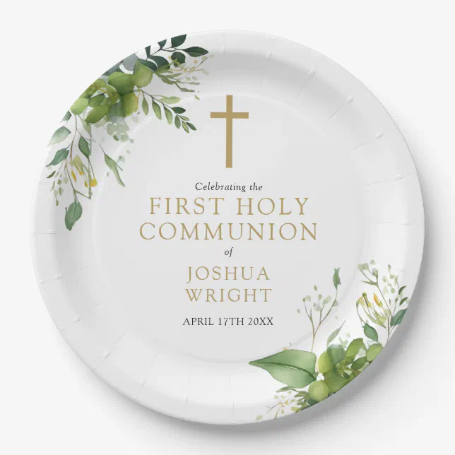 Elegant Eucalyptus Greenery First Holy Communion Paper Plates | Zazzle