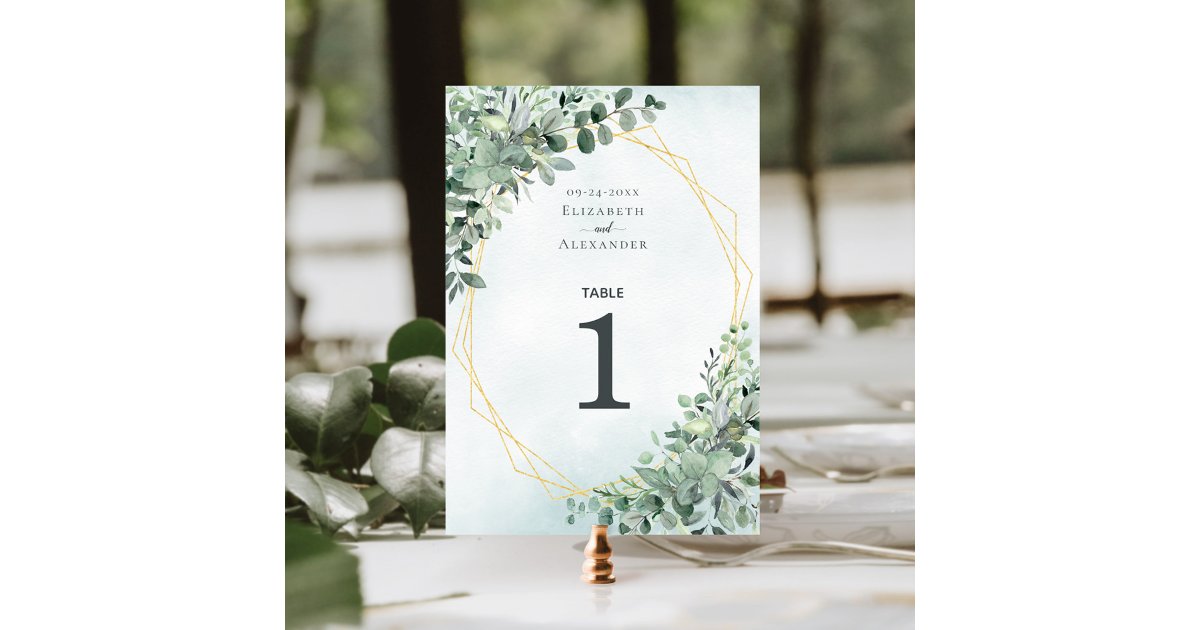 Elegant Eucalyptus Greenery Geometric Wedding Table Number | Zazzle
