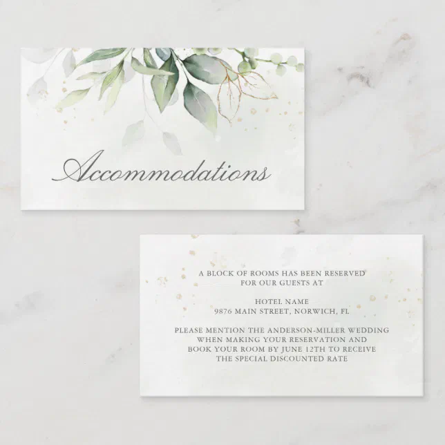 Elegant Eucalyptus Greenery Gold Accommodation Enclosure Card | Zazzle