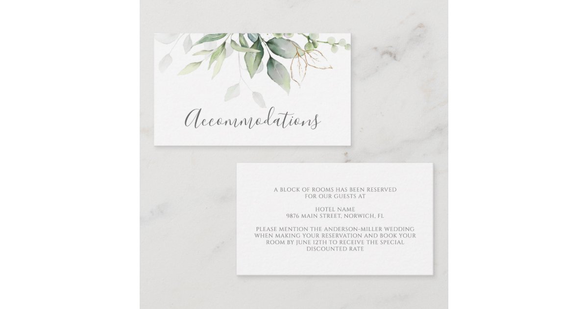 Elegant Eucalyptus Greenery Gold Accommodations Enclosure Card | Zazzle