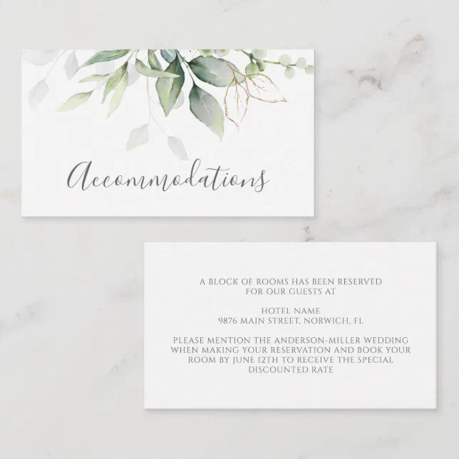 Elegant Eucalyptus Greenery Gold Accommodations Enclosure Card | Zazzle