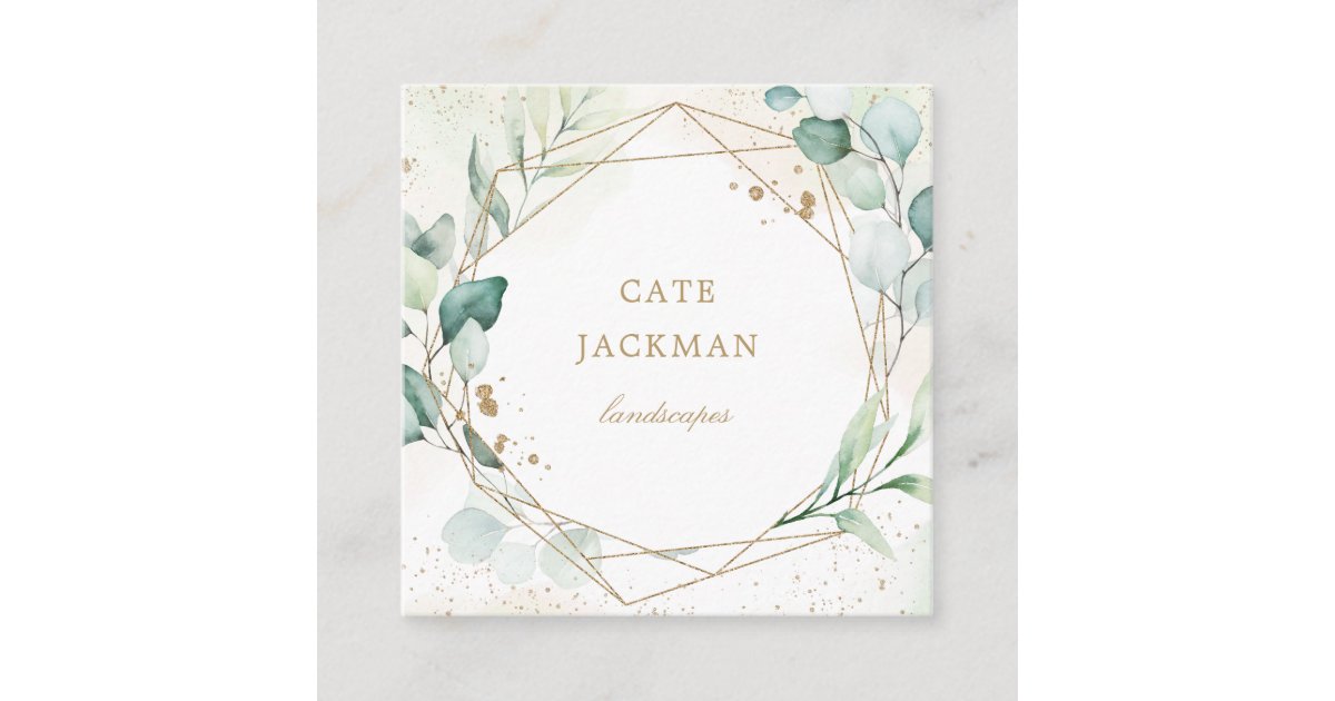 Elegant Eucalyptus Greenery Gold Geometric Rustic Square Business Card ...