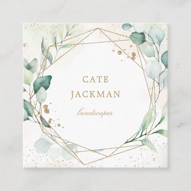 Elegant Eucalyptus Greenery Gold Geometric Rustic Square Business Card ...