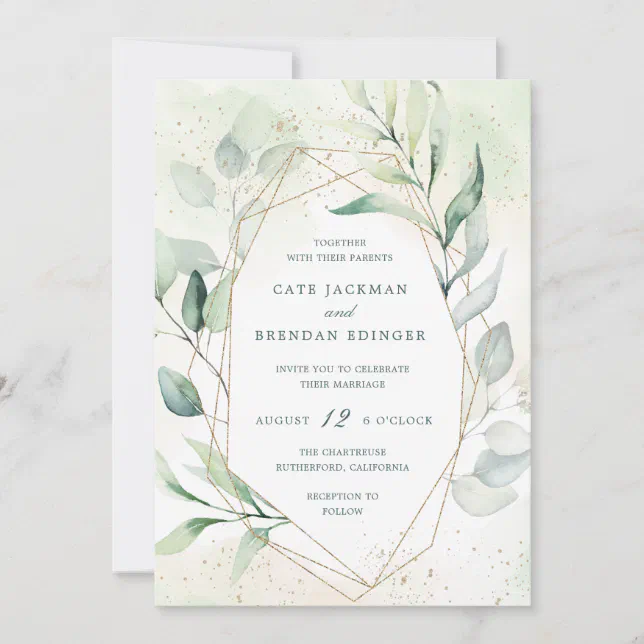 Elegant Eucalyptus Greenery Gold Geometric Wedding Invitation | Zazzle