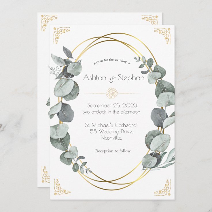 Elegant Eucalyptus Greenery Gold Wedding Invitation | Zazzle