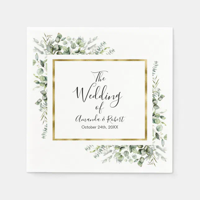 Elegant Eucalyptus Greenery Gold Wedding Napkin | Zazzle