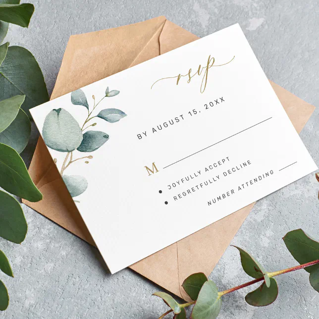Elegant eucalyptus greenery gold wedding RSVP card | Zazzle