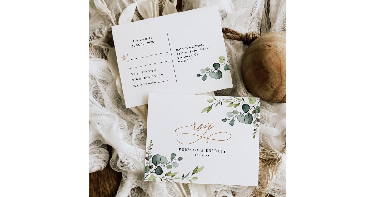 Elegant Eucalyptus Greenery Gold Wedding Rsvp Postcard | Zazzle