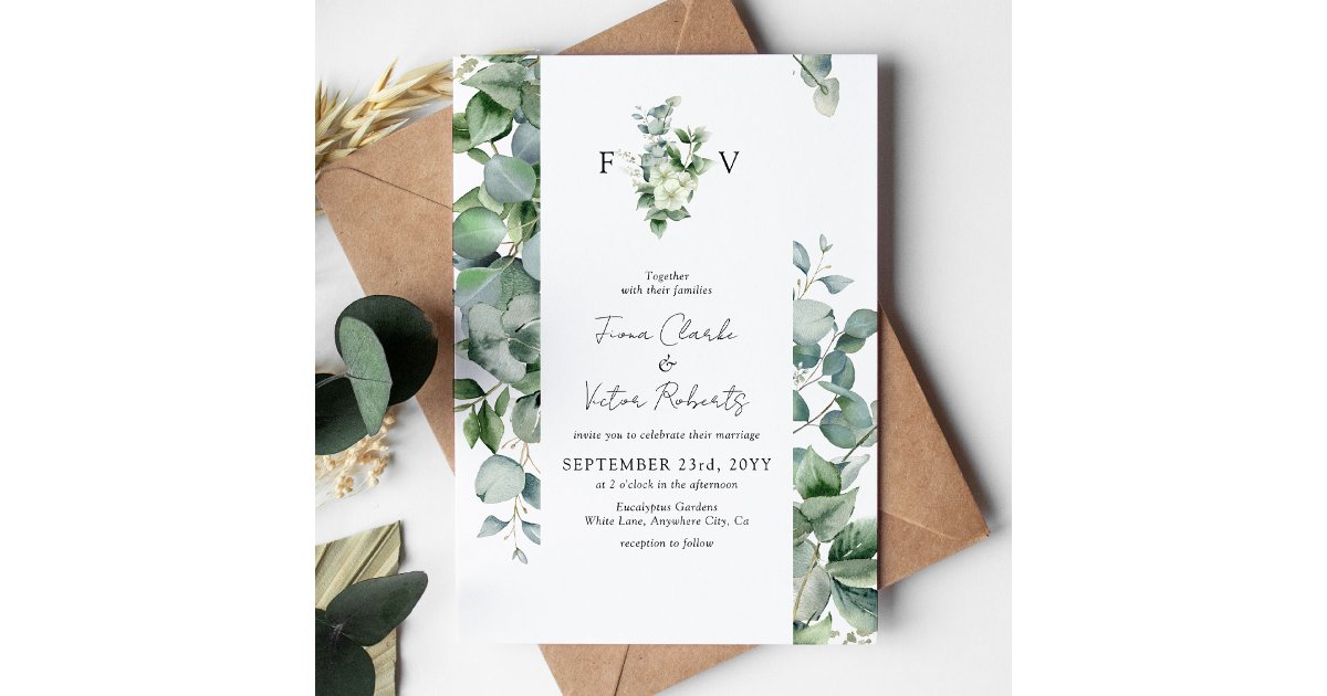 Elegant Eucalyptus Greenery Initials Wedding Invitation | Zazzle
