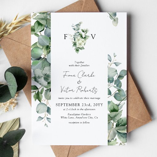 Elegant Eucalyptus Greenery Initials Wedding Invitation | Zazzle