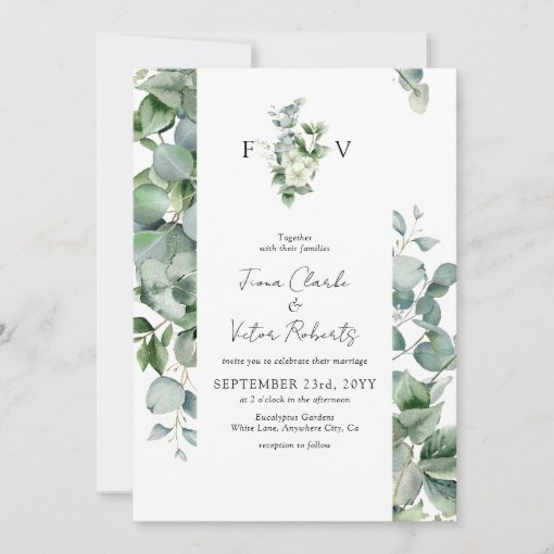 Elegant Eucalyptus Greenery Initials Wedding Invitation | Zazzle
