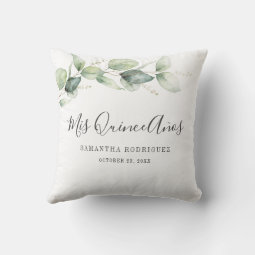 Elegant Eucalyptus Greenery Leaves Mis Quince Anos Throw Pillow | Zazzle