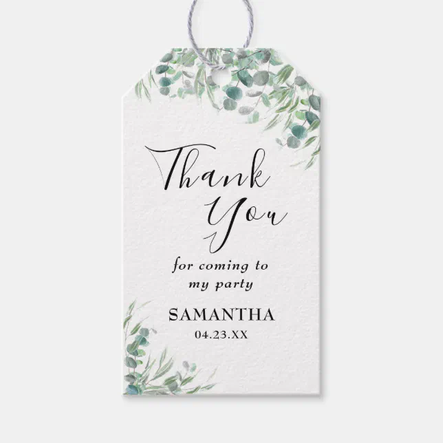Elegant Eucalyptus Greenery Thank You Name Script Gift Tags | Zazzle