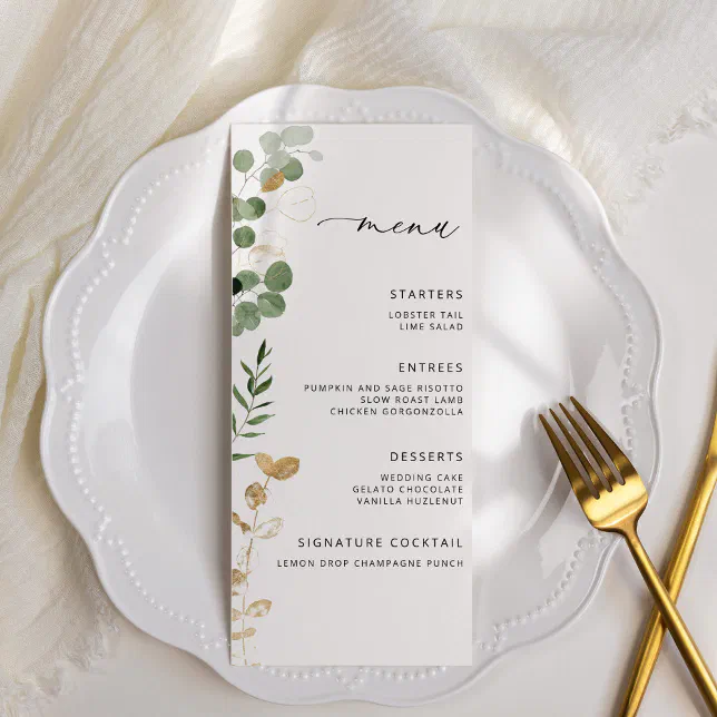 Elegant eucalyptus greenery wedding menu card | Zazzle