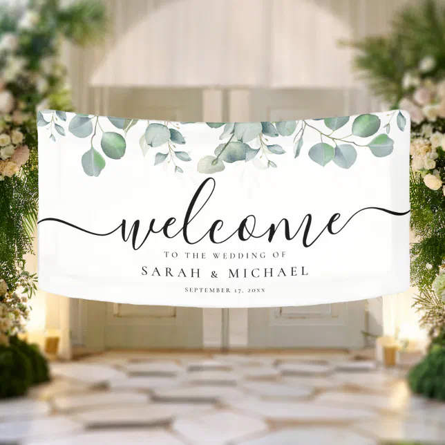 Elegant Eucalyptus Greenery Wedding Welcome Banner | Zazzle