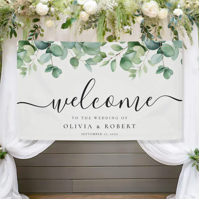 Elegant Eucalyptus Greenery Wedding Welcome Banner | Zazzle