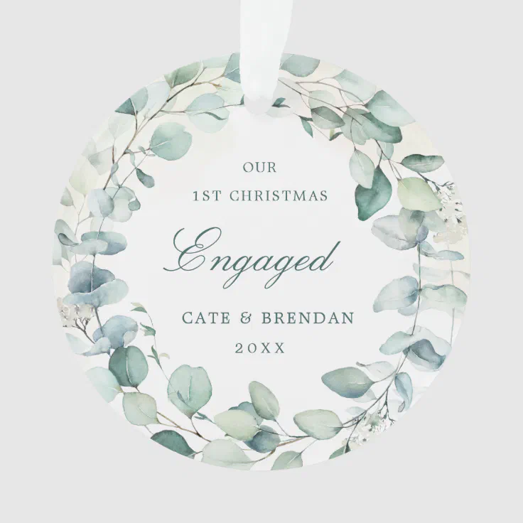 Elegant Eucalyptus Greenery Wreath Engaged Photo Ornament | Zazzle