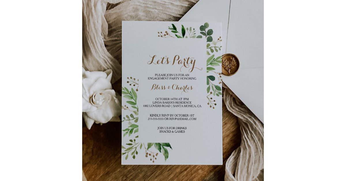 Elegant Eucalyptus Leaf Greenery Let's Party Invitation | Zazzle