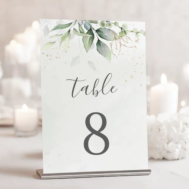 Elegant Eucalyptus Leaves Greenery Gold Wedding Table Number | Zazzle