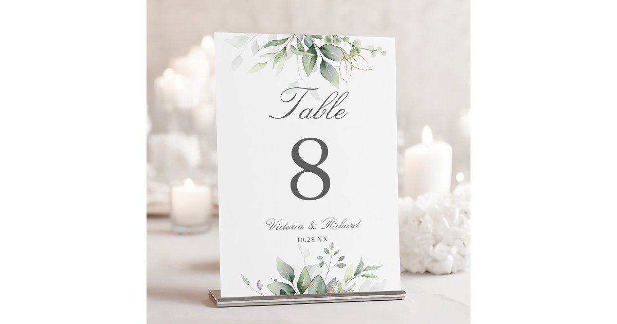 Elegant Eucalyptus Leaves Greenery Gold Wedding Table Number | Zazzle