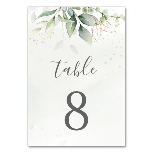 Elegant Eucalyptus Leaves Greenery Gold Wedding Table Number | Zazzle