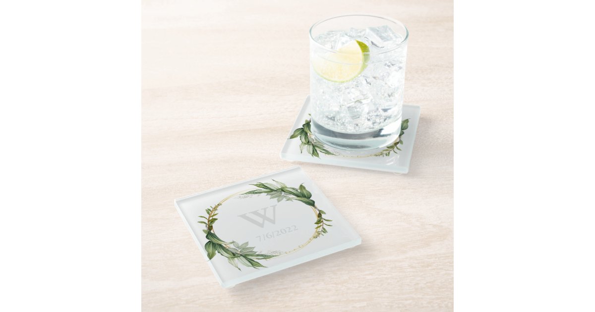 Elegant Eucalyptus Monogram Glass Coaster | Zazzle