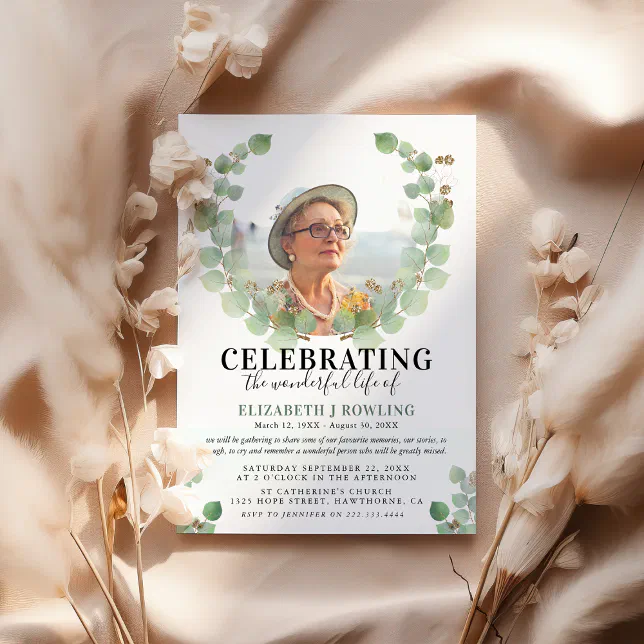Elegant Eucalyptus Photo Celebration of Life Invitation | Zazzle