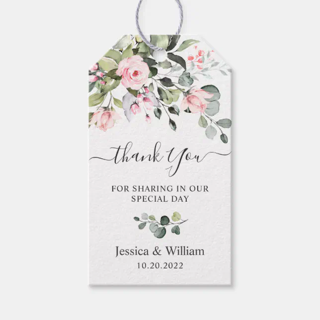 Elegant Eucalyptus Pink Blush Rose Favor Weding Gift Tags | Zazzle
