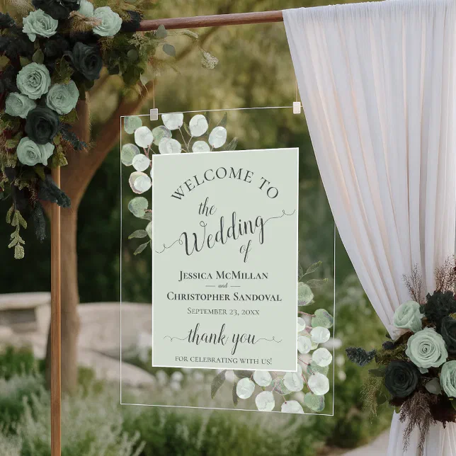 Elegant Eucalyptus Sage Green Wedding Welcome Acrylic Sign | Zazzle