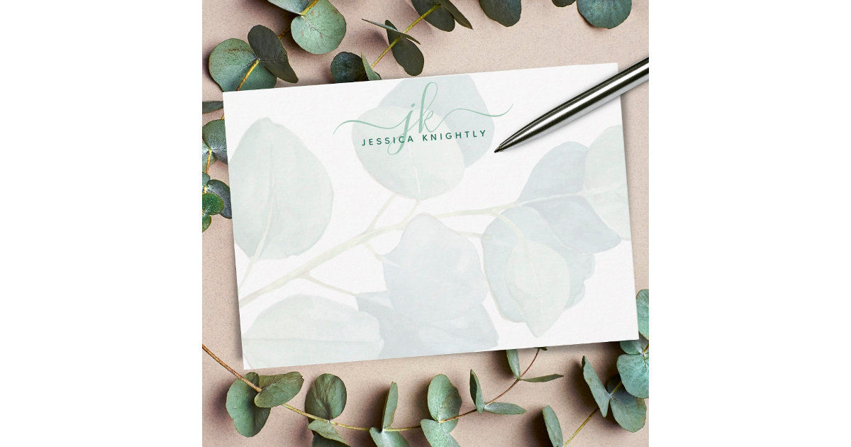 Elegant Eucalyptus Script Monogram Note Card | Zazzle
