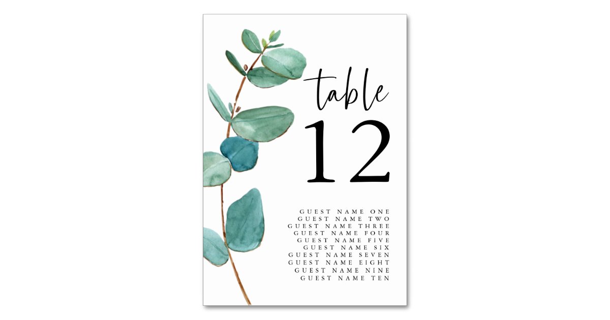 Elegant Eucalyptus Script Wedding Guest names Table Number | Zazzle