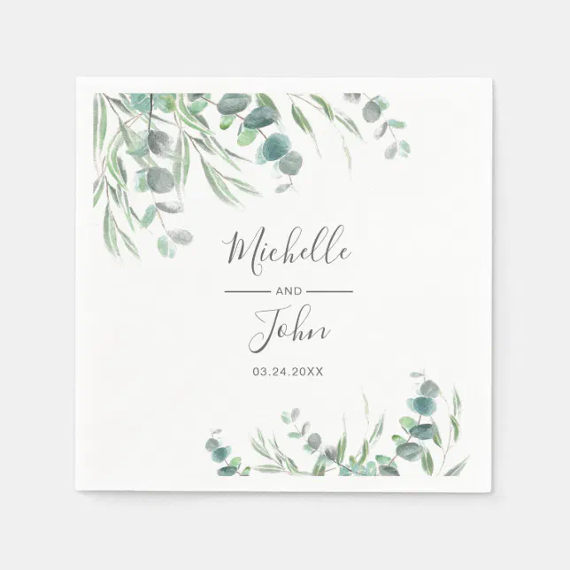 Elegant Eucalyptus Watercolor Name Script Wedding Napkins | Zazzle