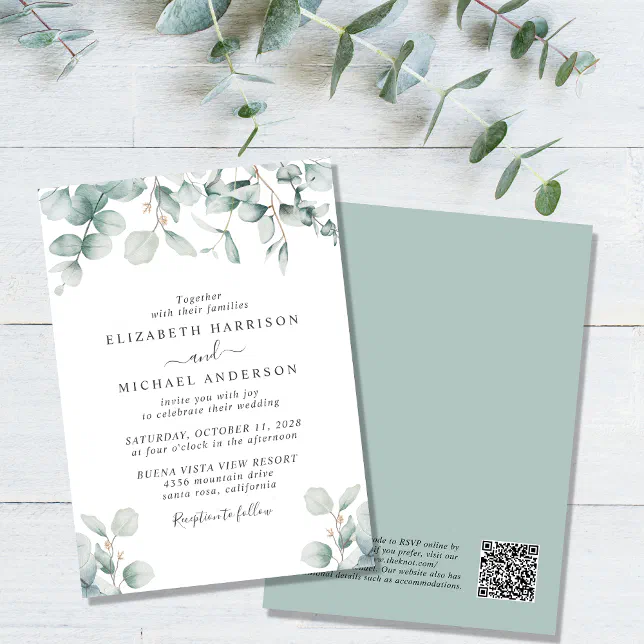 Elegant Eucalyptus Watercolor QR Code Wedding Invitation | Zazzle