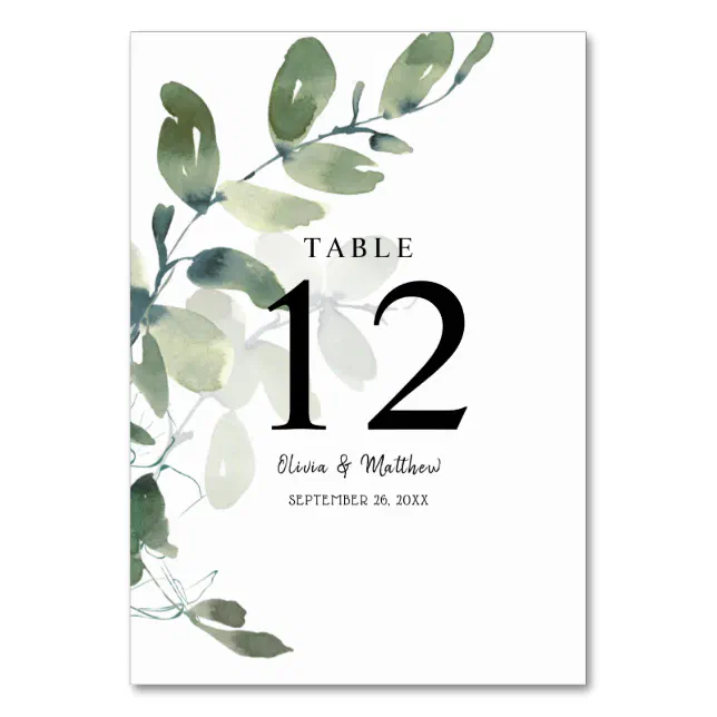 Elegant Eucalyptus Watercolor Wedding Table Number | Zazzle