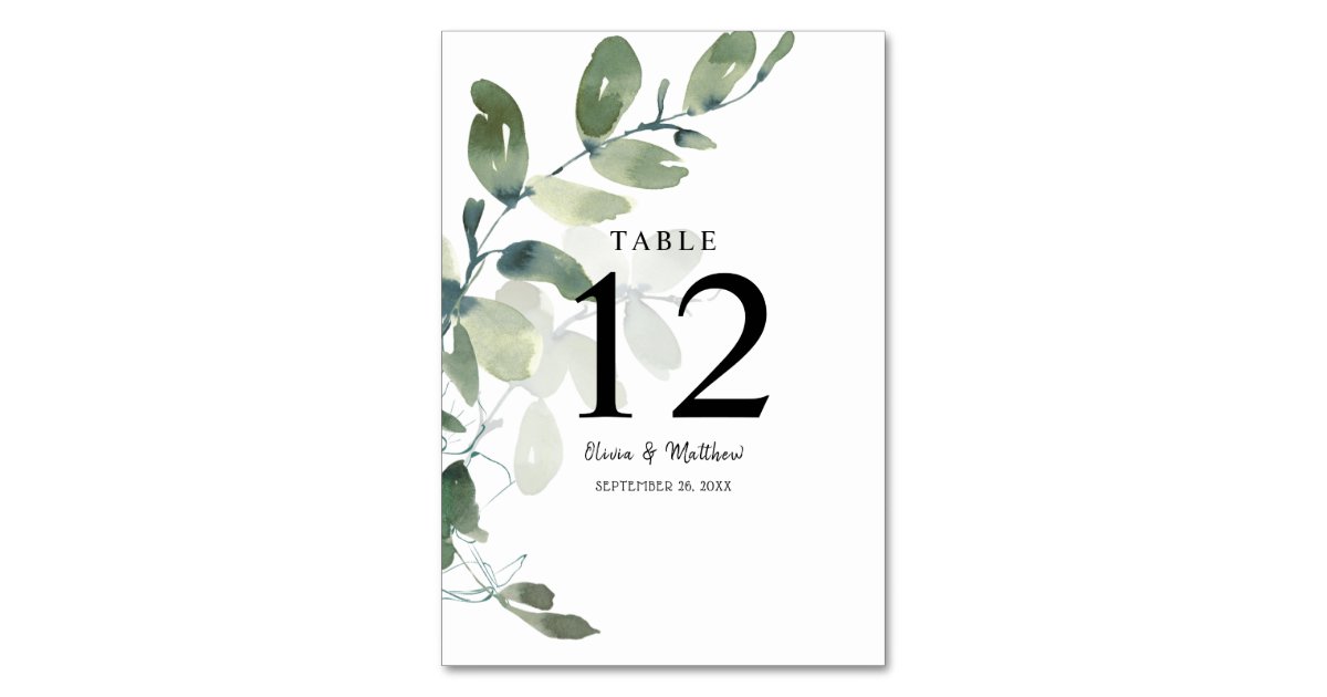 Elegant Eucalyptus Watercolor Wedding Table Number | Zazzle