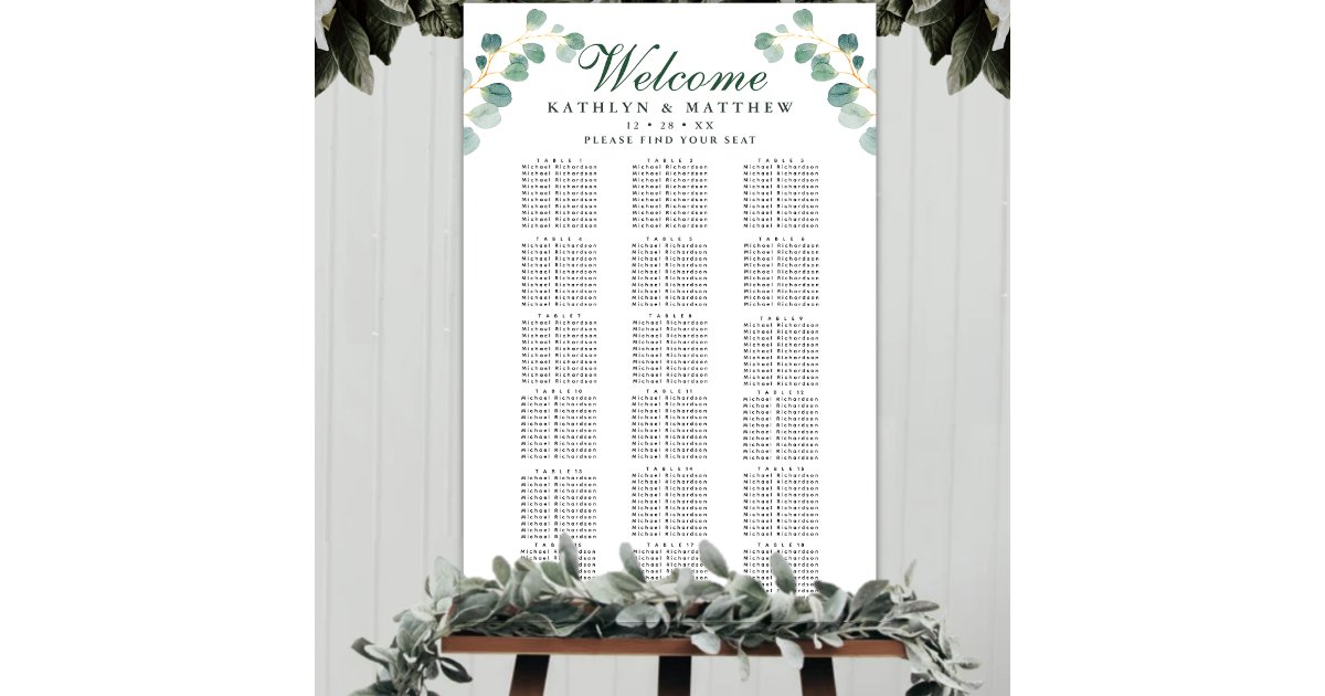 Elegant Eucalyptus Wedding 18 Table Seating Poster | Zazzle
